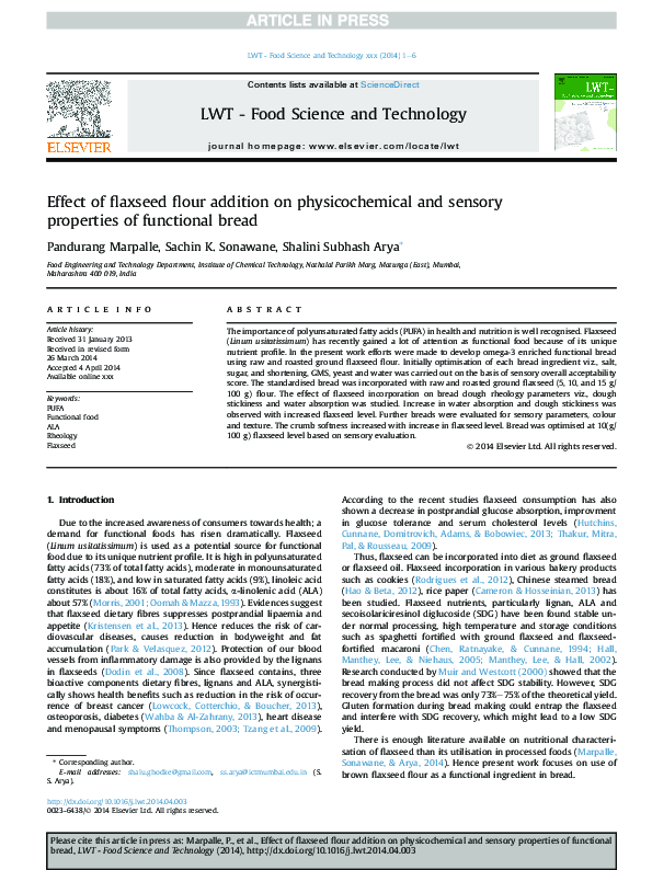 (PDF) Effect of flaxseed flour addition on physicochemical and sensory properties of functional ...