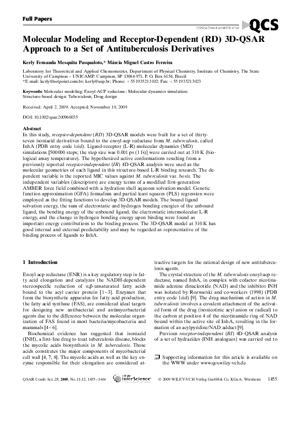(PDF) 3D-QSAR Modeling of Antituberculosis Derivatives