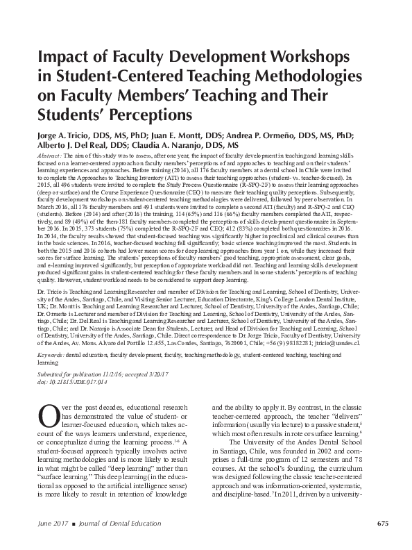 (PDF) Impact of Faculty Development Workshops in Student-Centered ...
