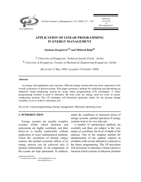 (PDF) Application of linear programming in energy management