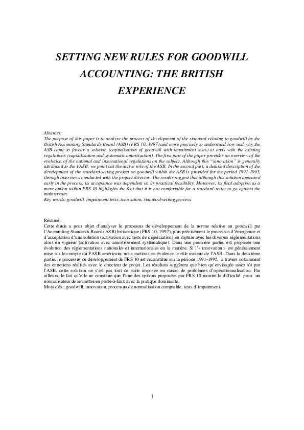 (PDF) Setting new rules for Goodwill accounting : the british experience
