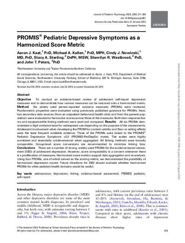 (PDF) PROMIS® Pediatric Depressive Symptoms as a Harmonized Score ...