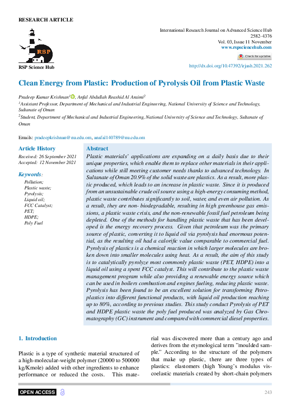(PDF) Clean Energy from Plastic: Production of Pyrolysis Oil from ...