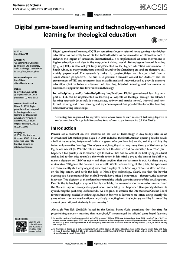 (PDF) Digital game-based learning and technology-enhanced learning for theological education