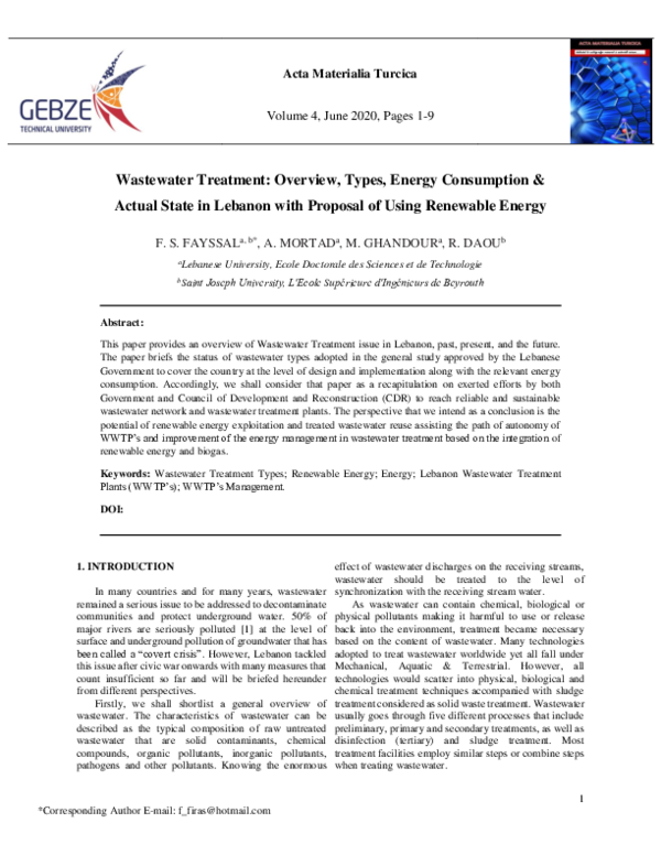 (PDF) Wastewater Treatment: Overview, Types, Energy Consumption & Actual State in Lebanon with ...