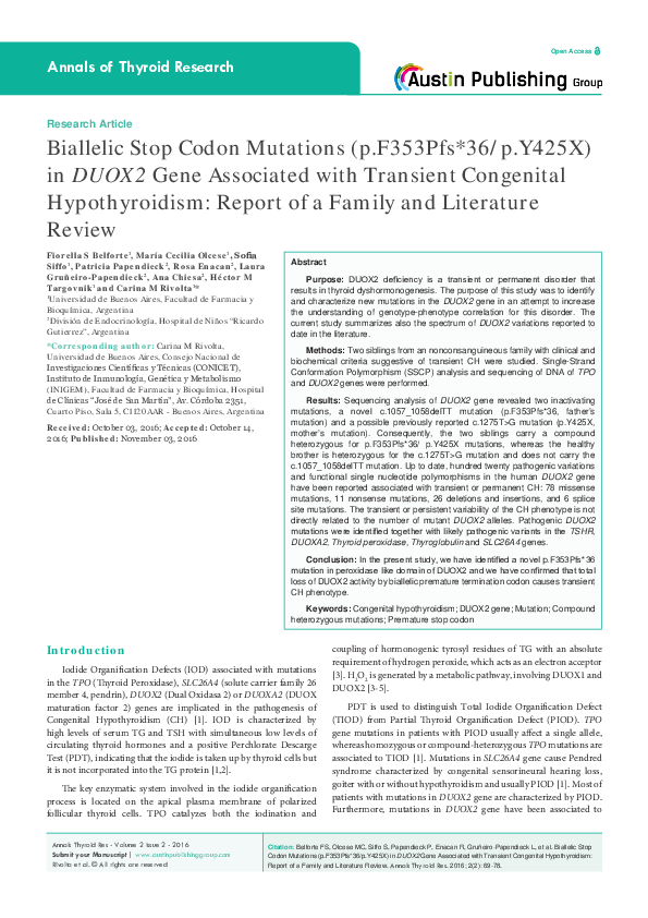 (PDF) Biallelic Stop Codon Mutations (p.F353Pfs*36/p.Y425X) in DUOX2 ...