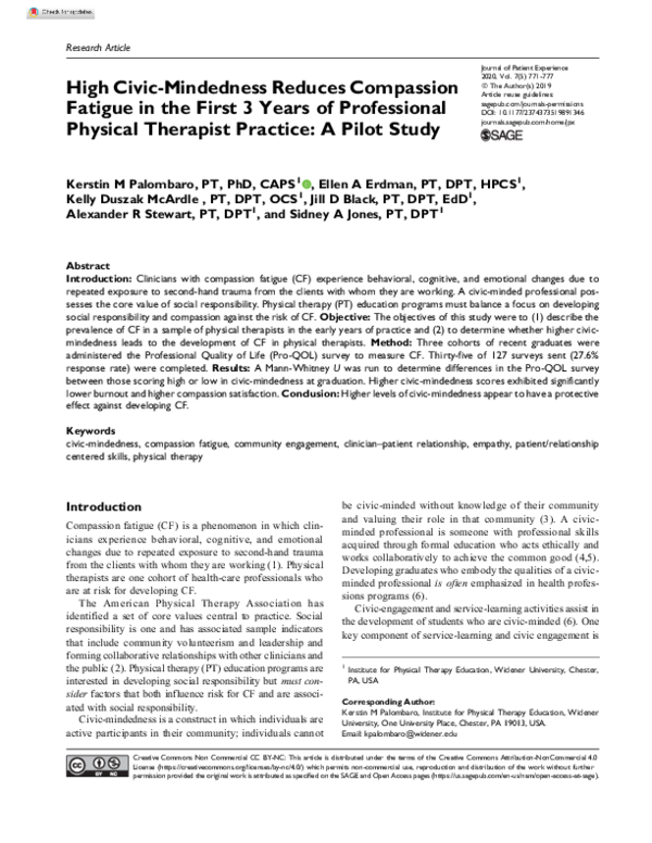 (PDF) High Civic-Mindedness Reduces Compassion Fatigue in the First 3 Years of Professional ...
