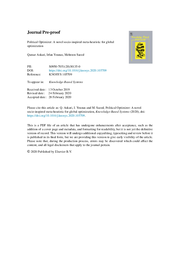 Pdf Political Optimizer A Novel Socio Inspired Meta Heuristic For