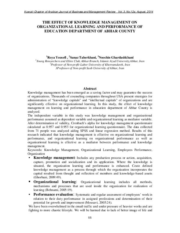 (PDF) The Effect of Knowledge Management on Organizational Learning and Performance of Education ...