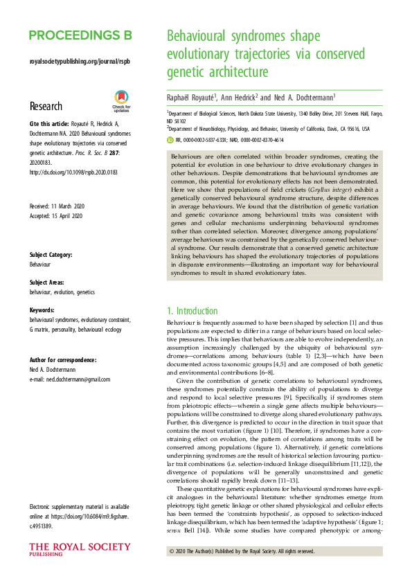 (PDF) Behavioural syndromes shape evolutionary trajectories via ...