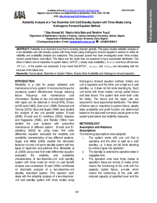 (PDF) Reliability Analysis of a Two Dissimilar Unit Cold Standby System ...