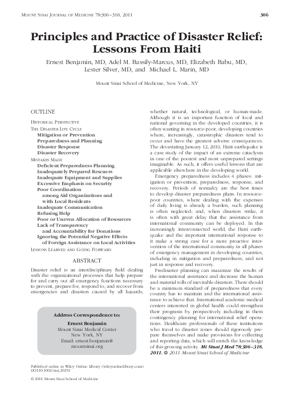 (PDF) Principles and Practice of Disaster Relief: Lessons From Haiti