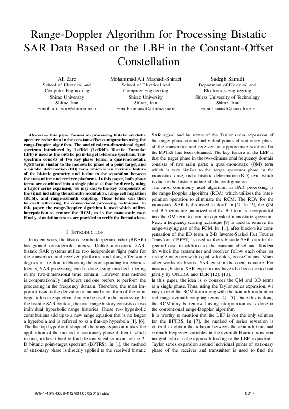 (PDF) Range-Doppler algorithm for processing bistatic SAR data based on the LBF in the constant ...