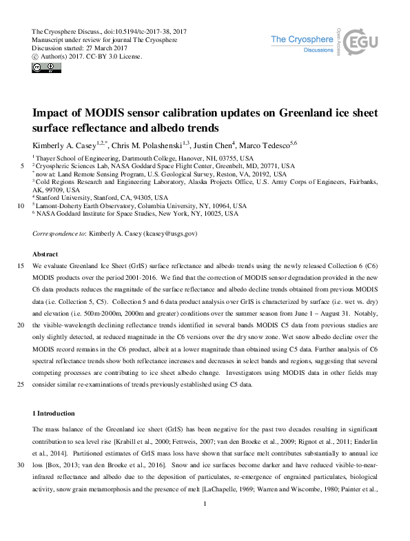(PDF) Impact of MODIS sensor calibration updates on Greenland ice sheet ...