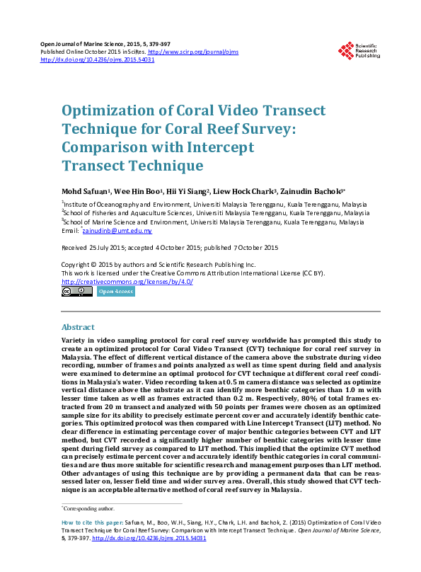 (PDF) Optimization of Coral Video Transect Technique for Coral Reef ...