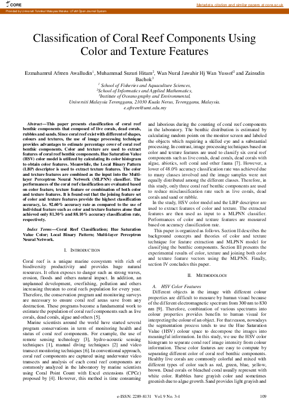 (PDF) Classification of Coral Reef Components Using Color and Texture ...