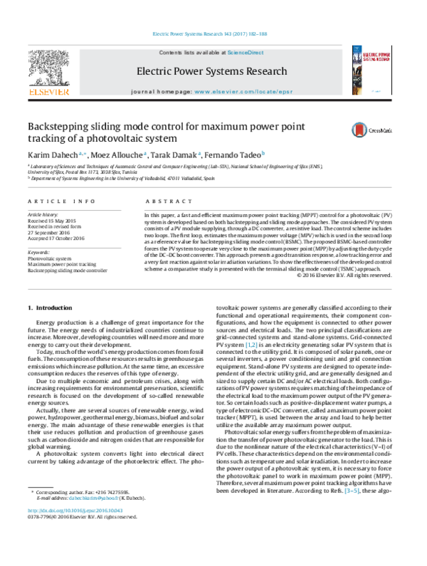 (PDF) Backstepping sliding mode control for maximum power point tracking of a photovoltaic system