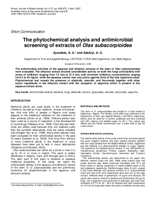 (PDF) Short Communication - The phytochemical analysis and antimicrobial screening of extracts ...