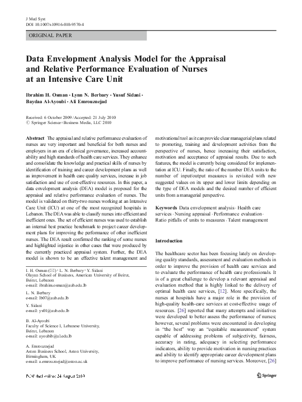 (PDF) Data Envelopment Analysis Model for the Appraisal and Relative Performance Evaluation of ...