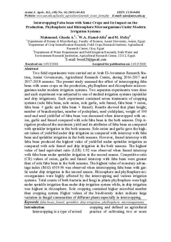 (PDF) Intercropping Faba bean with Some Crops and Its Impact on the Production, Phyllosphere and ...