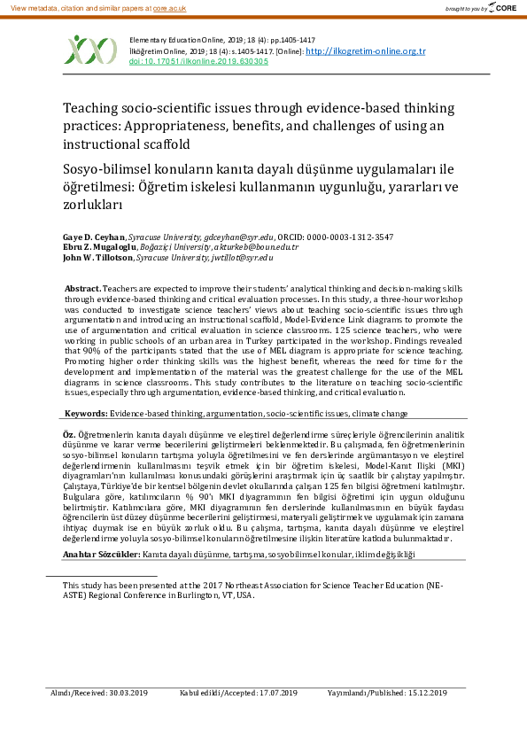 (PDF) Teaching socio-scientific issues through evidence-based thinking ...