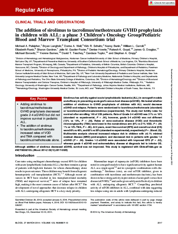 (PDF) The addition of sirolimus to tacrolimus/methotrexate GVHD ...