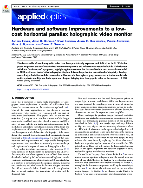 (PDF) Hardware and software improvements to a low-cost horizontal parallax holographic video ...
