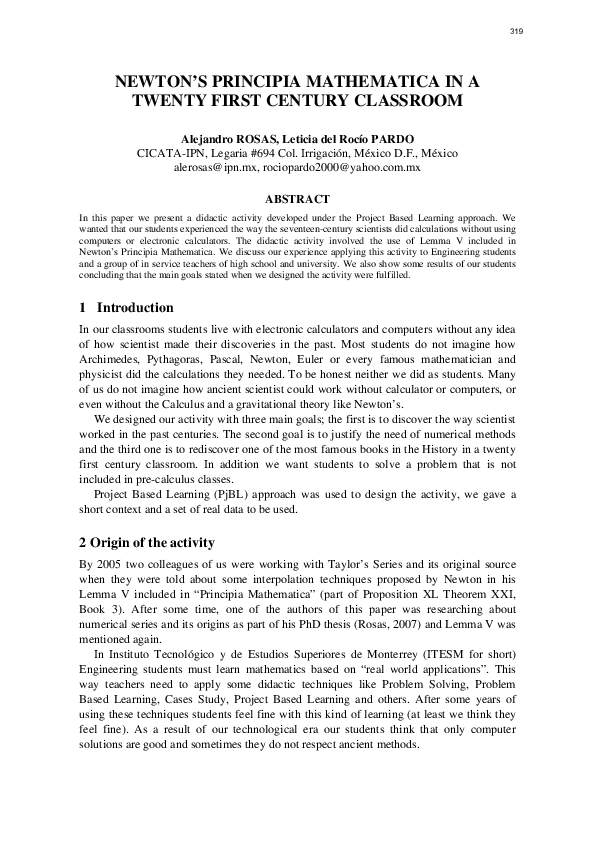 (PDF) Newton’s Principia Mathematica in a Twenty First Century Classroom