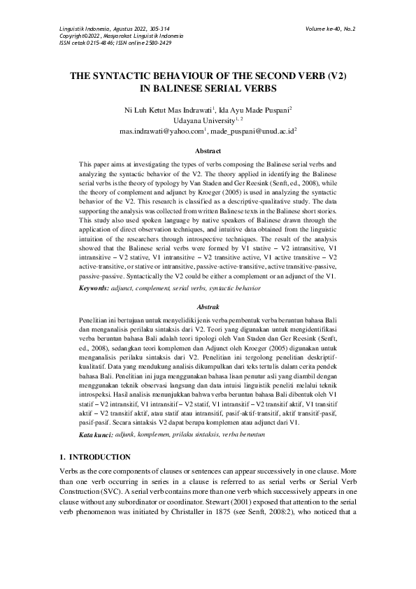 (PDF) The Syntactic Behaviour of the Second Verb (V2) in Balinese ...