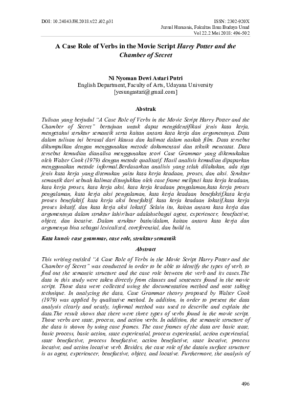 (PDF) A Case Role of Verbs in the Movie Script Harry Potter and the ...