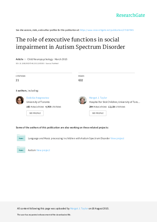 (PDF) The role of executive functions in social impairment in Autism ...