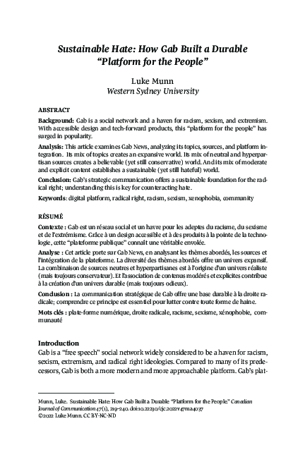 (PDF) Sustainable Hate: How Gab Built a Durable "Platform for the People"