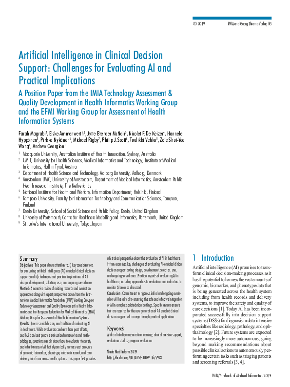 (PDF) Artificial Intelligence in Clinical Decision Support: Challenges for Evaluating AI and ...