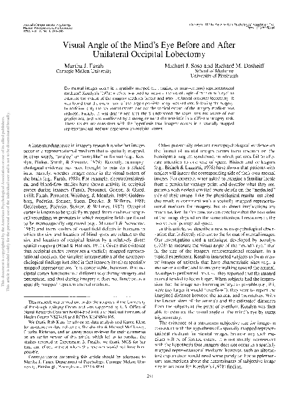 (PDF) Visual angle of the mind's eye before and after unilateral occipital lobectomy