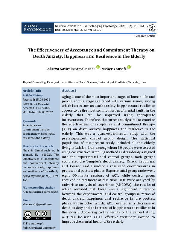 (PDF) The Effectiveness of Acceptance and Commitment Therapy on Death Anxiety, Happiness and ...