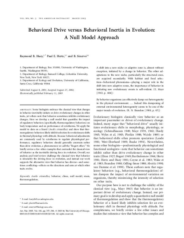 (PDF) Behavioral Drive versus Behavioral Inertia in Evolution: A Null ...