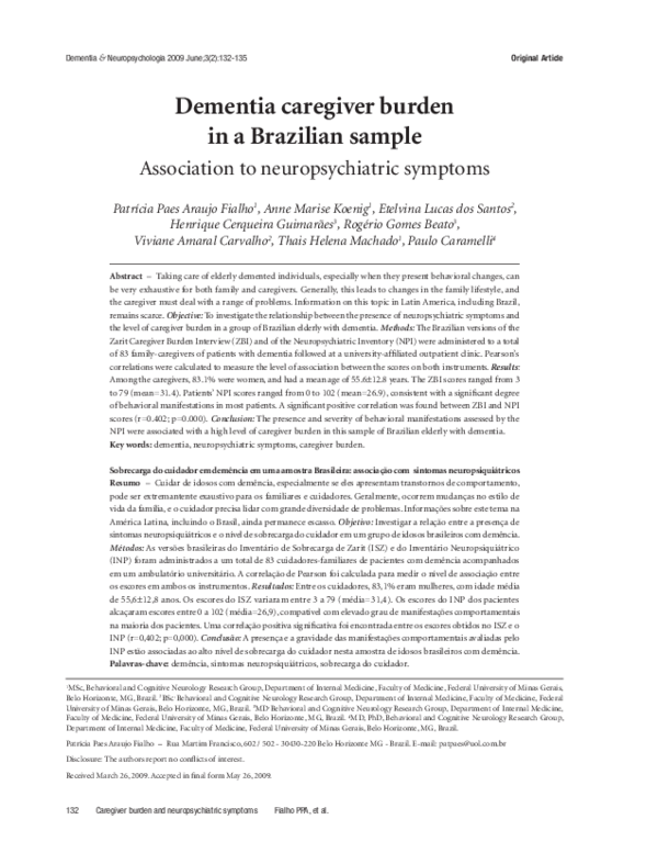 (PDF) Dementia caregiver burden in a Brazilian sample: Association to ...