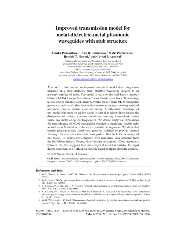Pdf Improved Transmission Model For Metal Dielectric Metal Plasmonic Waveguides With Stub