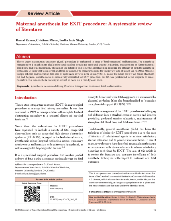 (PDF) Maternal anesthesia for EXIT procedure: A systematic review of ...