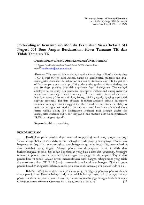 (PDF) Perbandingan Kemampuan Menulis Permulaan Siswa Kelas 1 SD Negeri 004 Batu Ampar ...