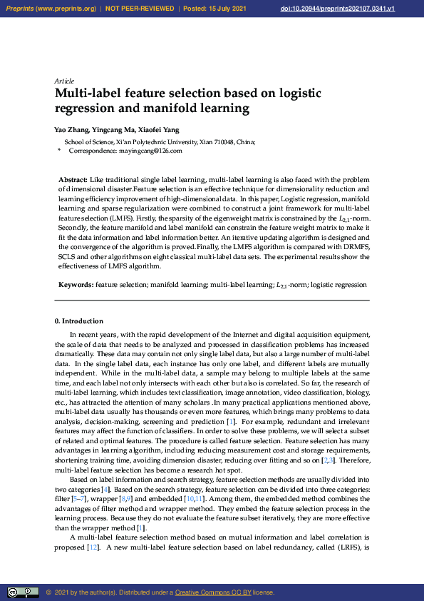 (PDF) Multi-label feature selection based on logistic regression and manifold learning
