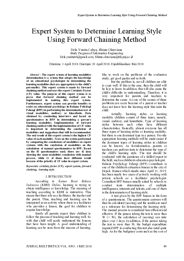 (PDF) Expert System to Determine Learning Style Using Forward Chaining Method