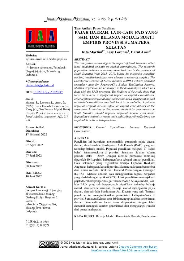 (PDF) Pajak Daerah, Lain-Lain PAD yang Sah, dan Belanja Modal: Bukti Empiris Provinsi Sumatera ...