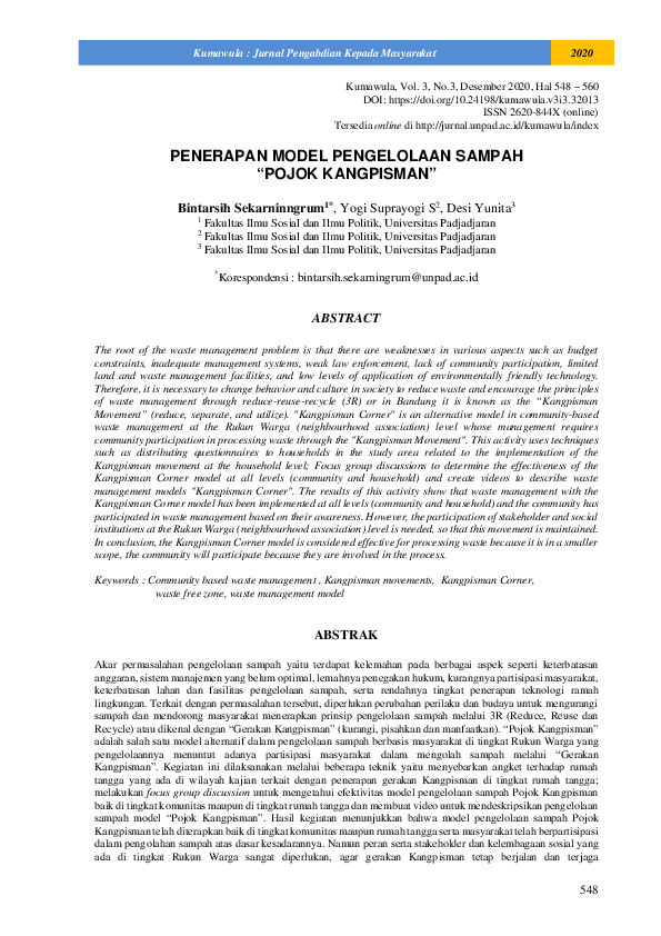 (PDF) Penerapan Model Pengelolaan Sampah "Pojok Kangpisman