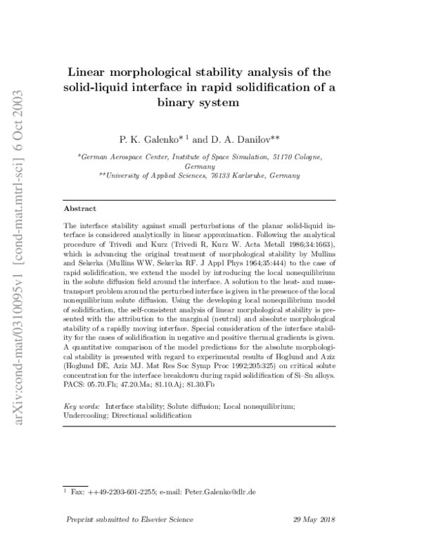 (PDF) Linear morphological stability analysis of the solid-liquid interface in rapid ...