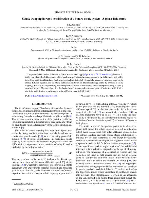 (PDF) Solute trapping in rapid solidification of a binary dilute system: A phase-field study