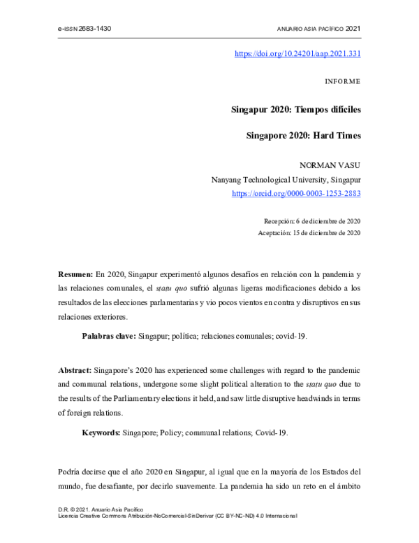 (PDF) Singapur 2020: Tiempos difíciles | Norman Vasu - Academia.edu