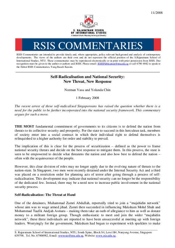 (PDF) Self-radicalisation and national security: new threat, new response