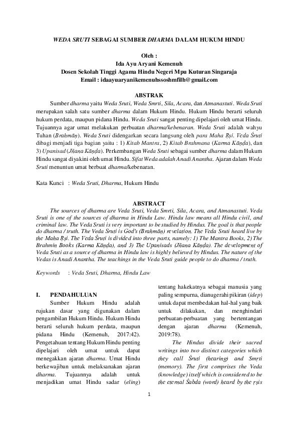 (PDF) WEDA SRUTI SEBAGAI SUMBER DHARMA DALAM HUKUM HINDU Oleh