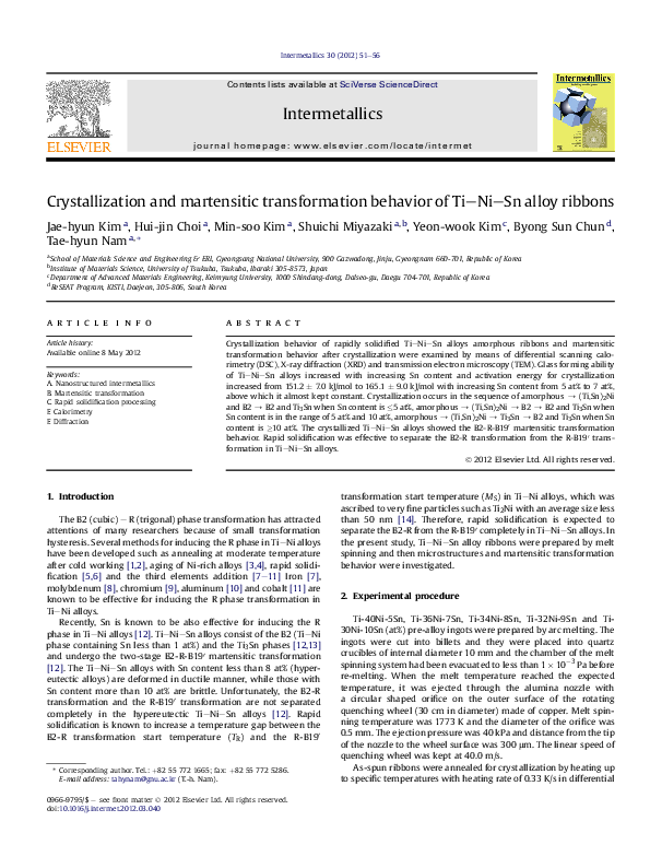 Pdf Crystallization And Martensitic Transformation Behavior Of Ti Ni Sn Alloy Ribbons